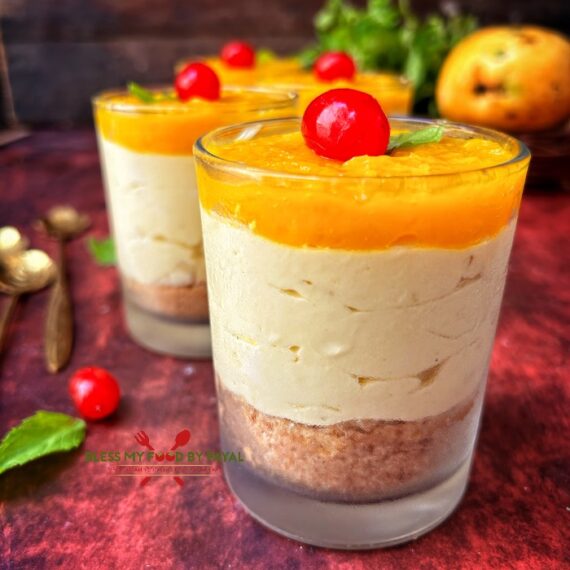 No Bake Eggless Mango Cheesecake in a glass